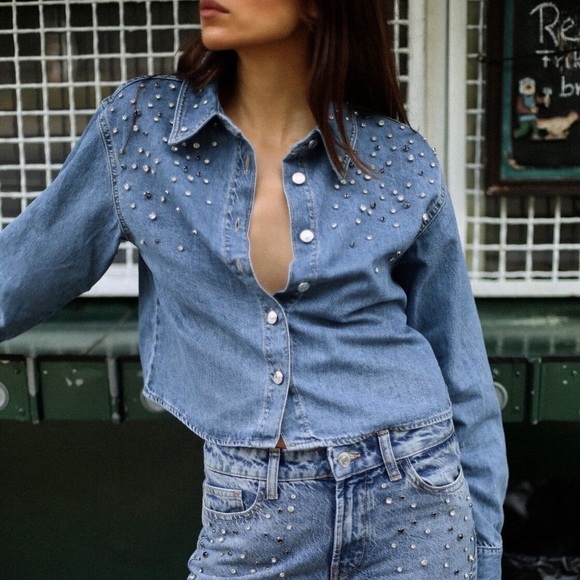 Zara | Pants & Jumpsuits | Zara Rhinestones Denim Cropped Top And Pant ...